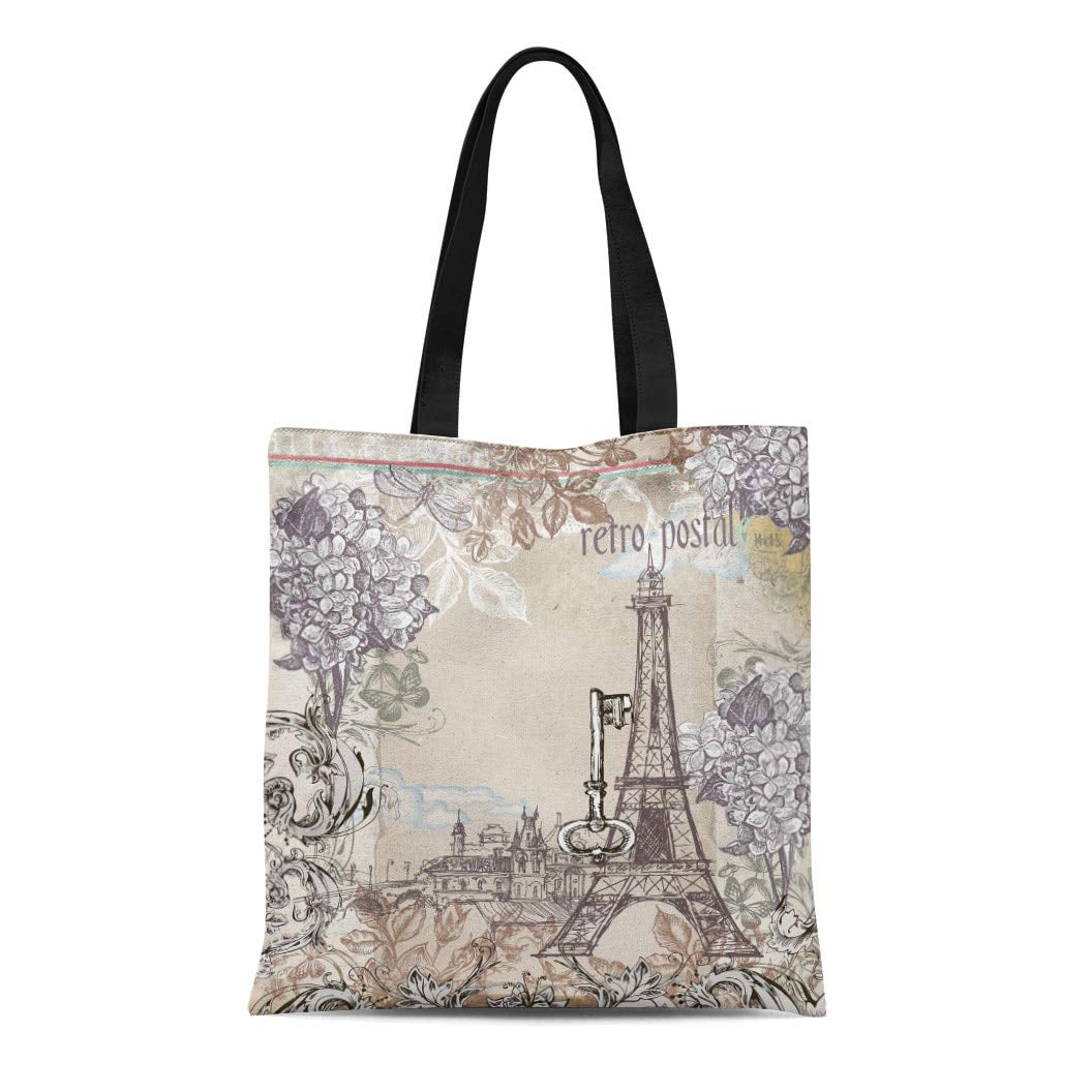 ASHLEIGH Canvas Tote Bag Floral Vintage Landmark Collage Flower Pattern ...
