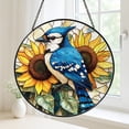 Bird Lover Blue Jay Stained Glass Window Suncatcher, Round Pink Flower ...