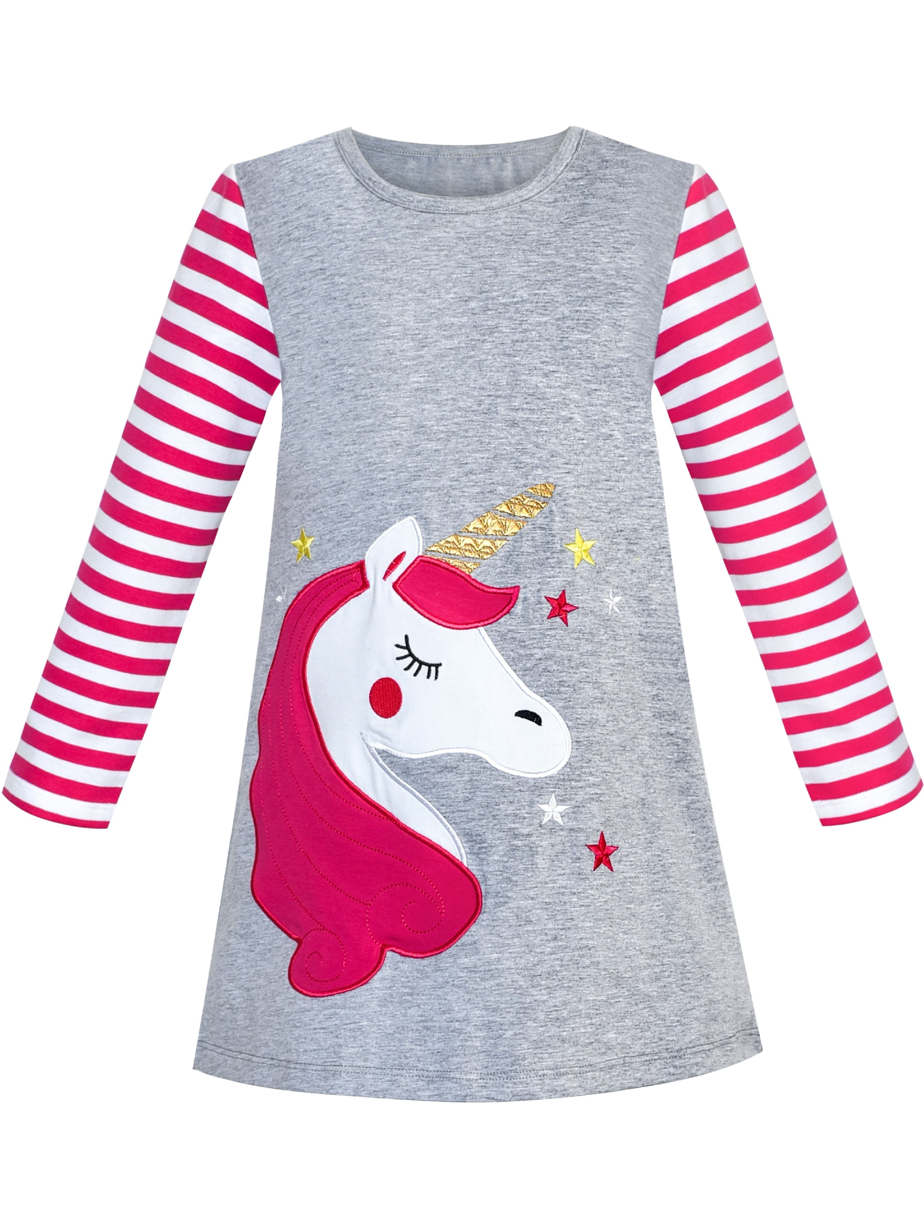 Girls Dress Cotton Long Sleeve Unicorn Embroidery Gray 2 Years ...