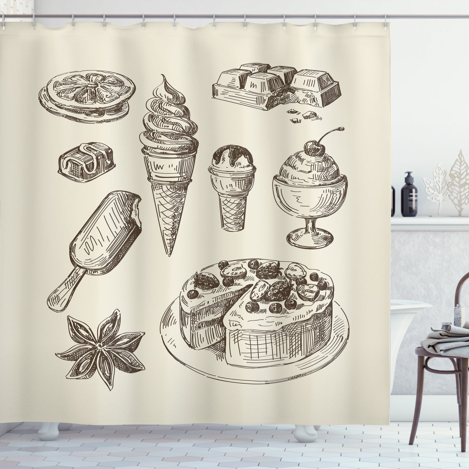 Chocolate Shower Curtain, Hand-drawn Food Dessert Sketch and Kitchen ...
