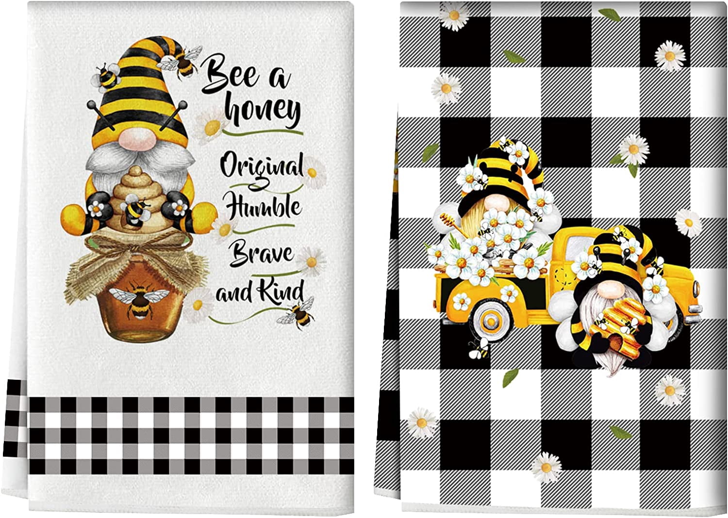 JOOCAR Kitchen Towels, Black and White Buffalo Plaid Yellow Gnome Bee ...