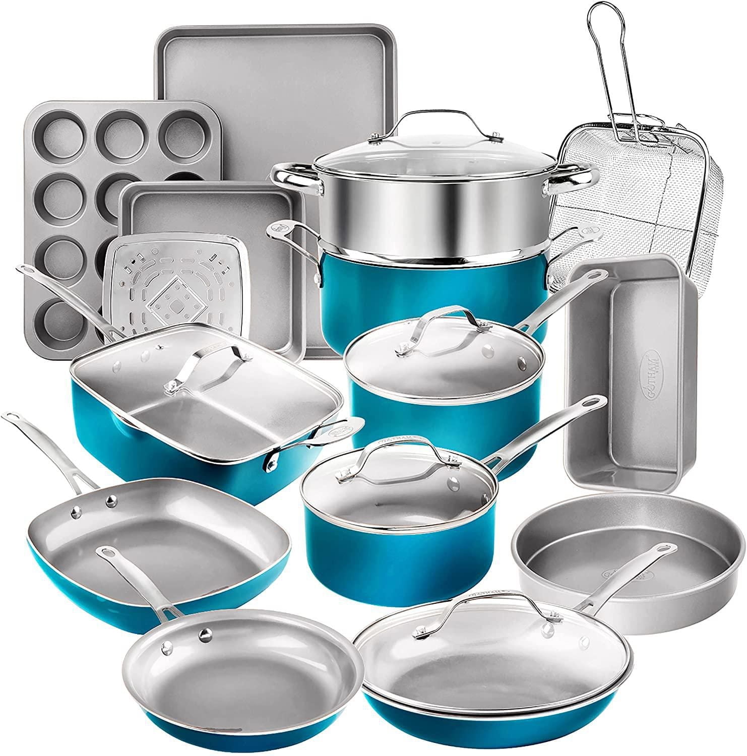 Gotham Steel Ocean Blue Copper 20 Pieces Ceramic Non Stick Cookware Set ...