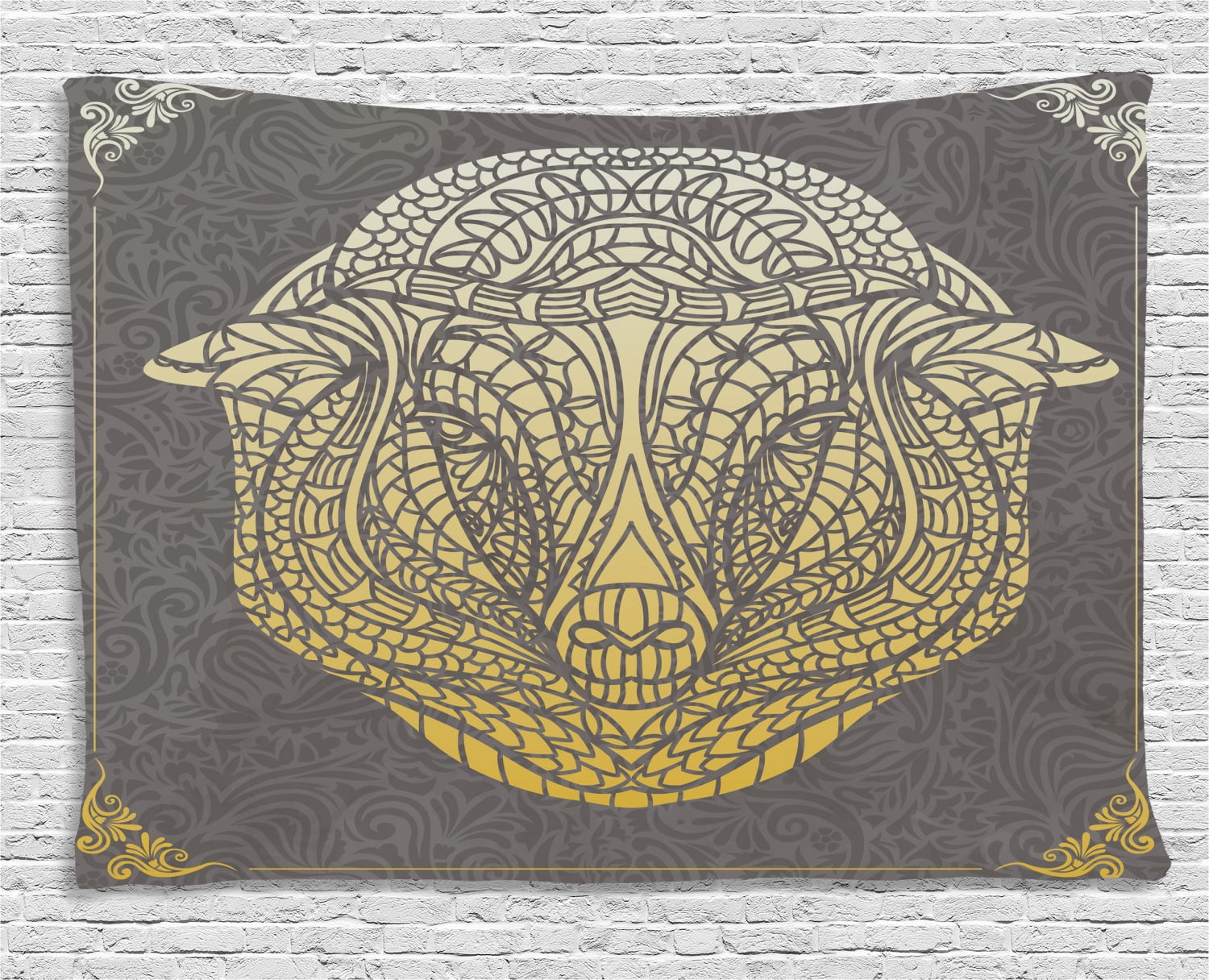 Sheep Tapestry, Geometric Floral Ornamental Sheep Head Pattern in ...