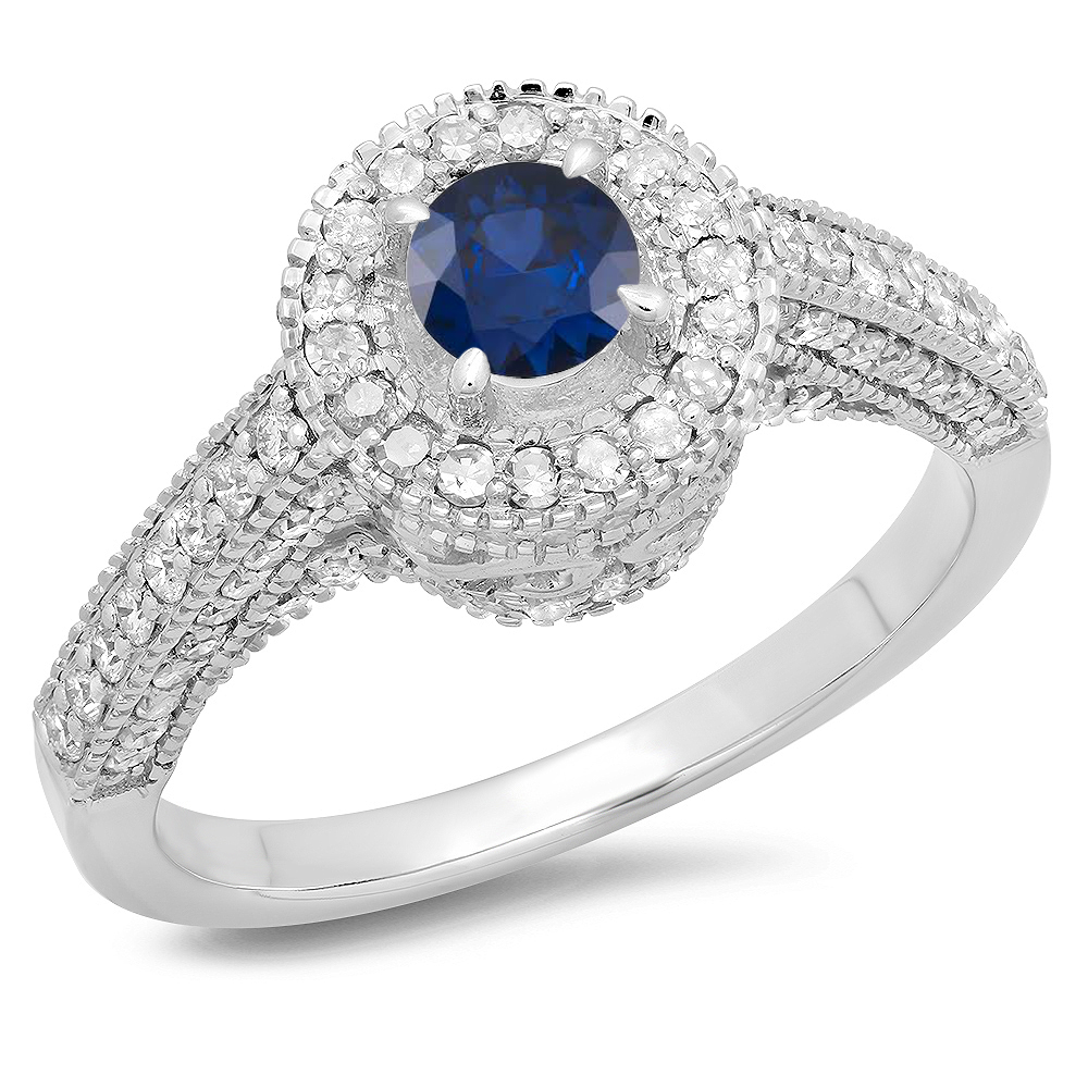 1.00 Carat (ctw) 18K White Gold Round Blue Sapphire & White Diamond Ladies Bridal Vintage Halo ...