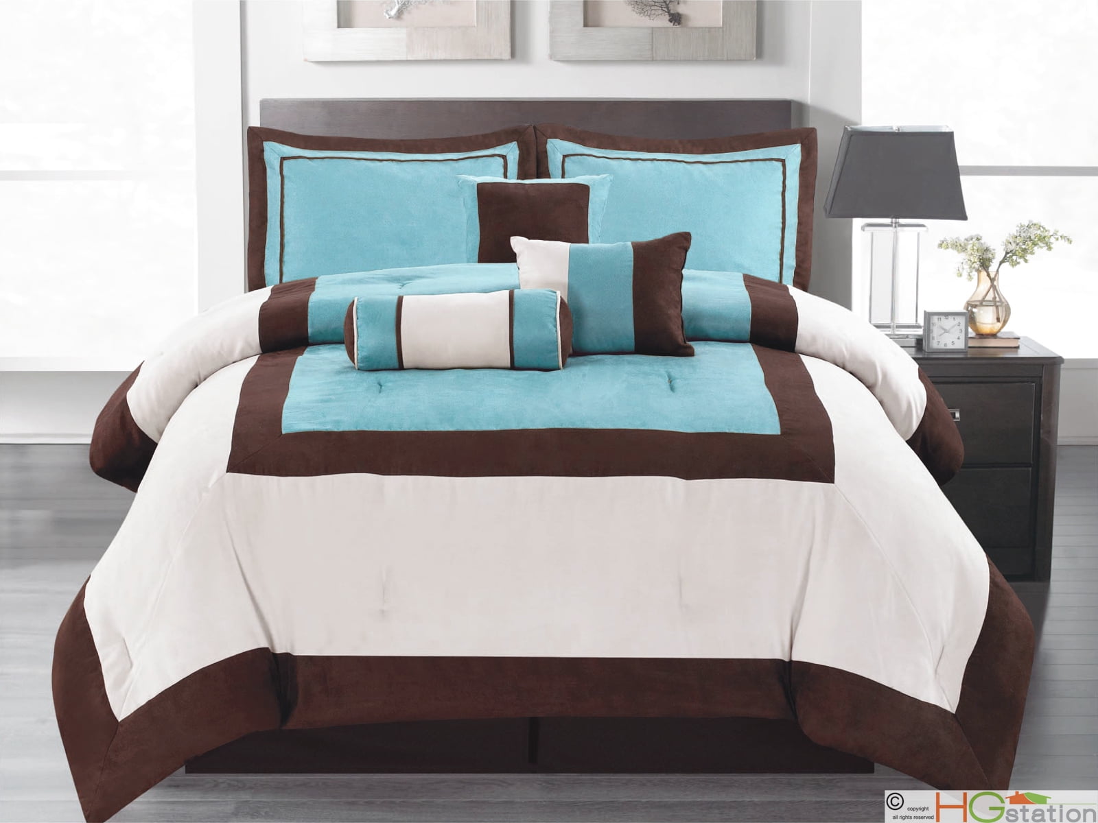 7-Pc Soft Micro Faux Suede Modern Square Comforter Set Blue Brown Beige ...