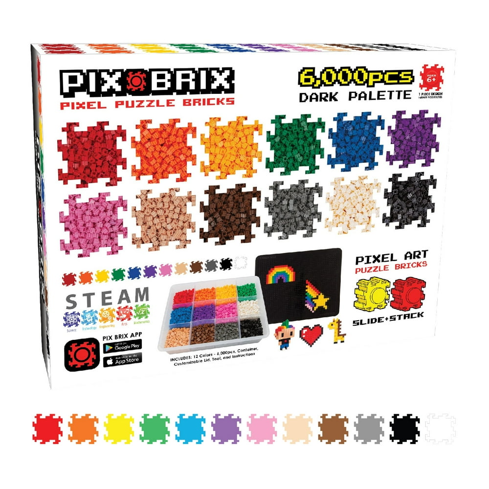 Pix Brix Pixel Art Puzzle Bricks – 6,000 Piece Pixel Art Container, 12 Color Dark Palette ...