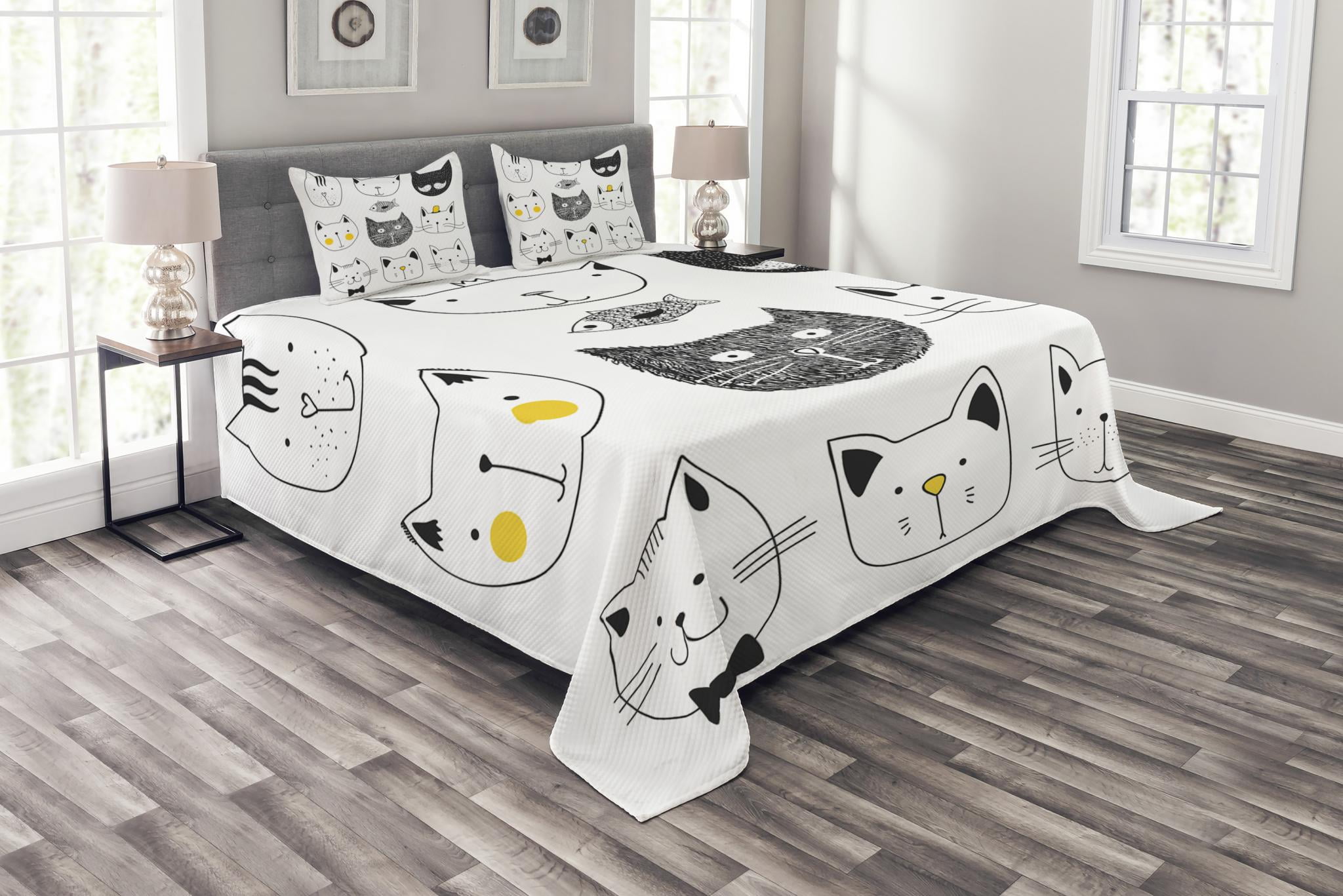 Cat Bedspread Set Queen Size, Stylish Cats with Moustache Bow Tie Hat ...