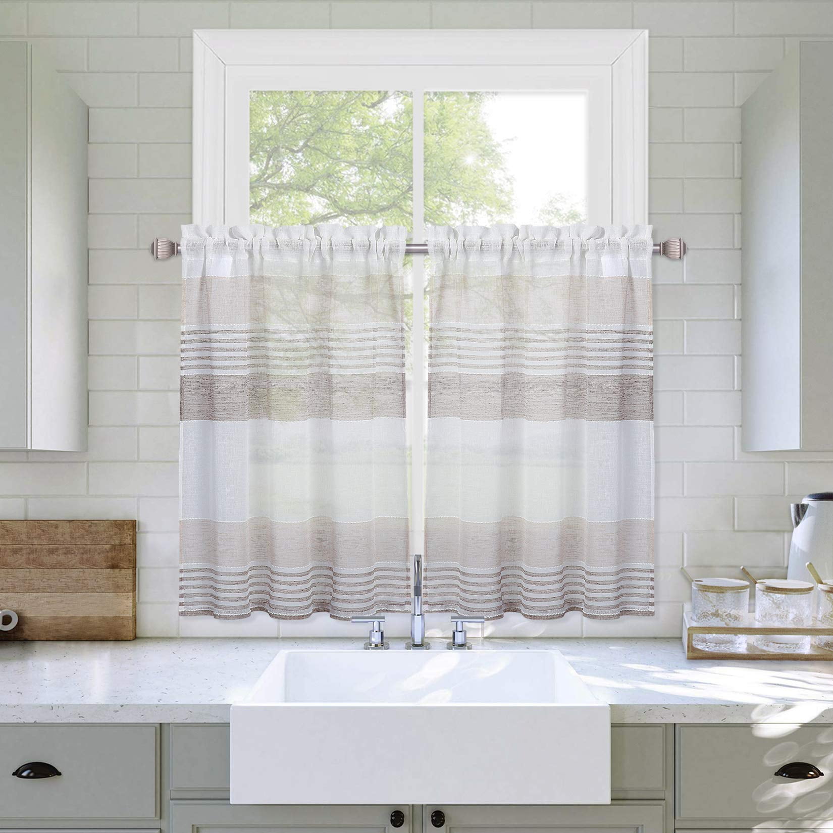 Kitsin Kitchen Sheer Curtains, Splicing Striped Design Linen Textured ...