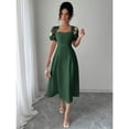 Green Square Neck Puff Sleeve Embroidered Waist Pleated Midi Dress For ...