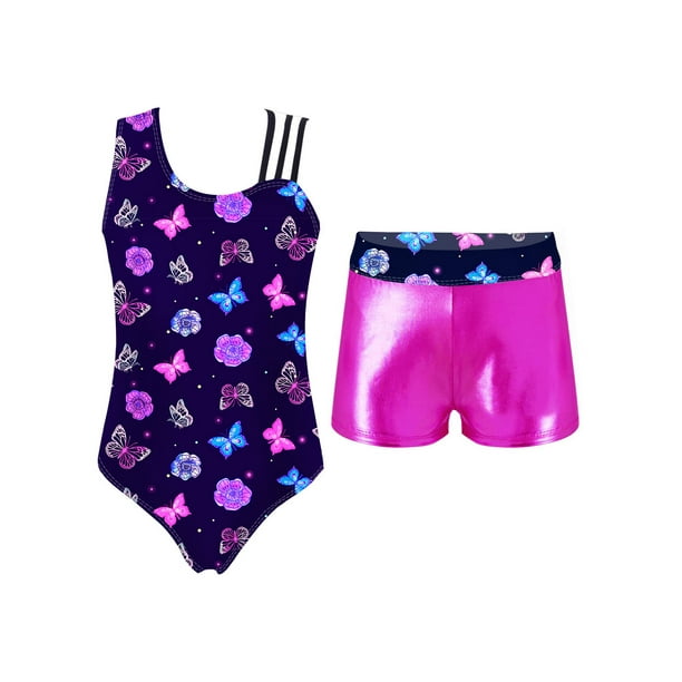 YiZYiF Girls Shiny Metallic Gymnastics Leotard with Shorts Outfit Athletic Dance Biketard ...