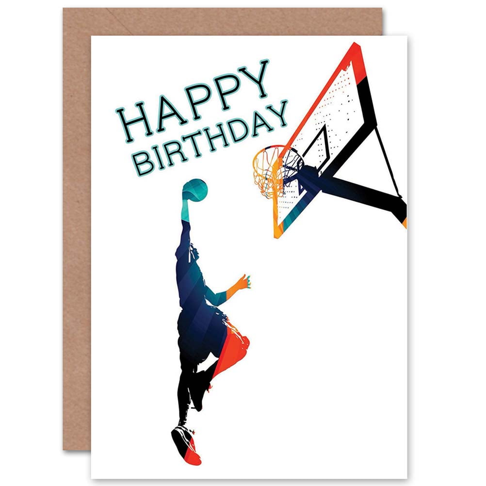 Basketball Slam Dunk Happy Birthday Greetings Card Plus Envelope Blank ...