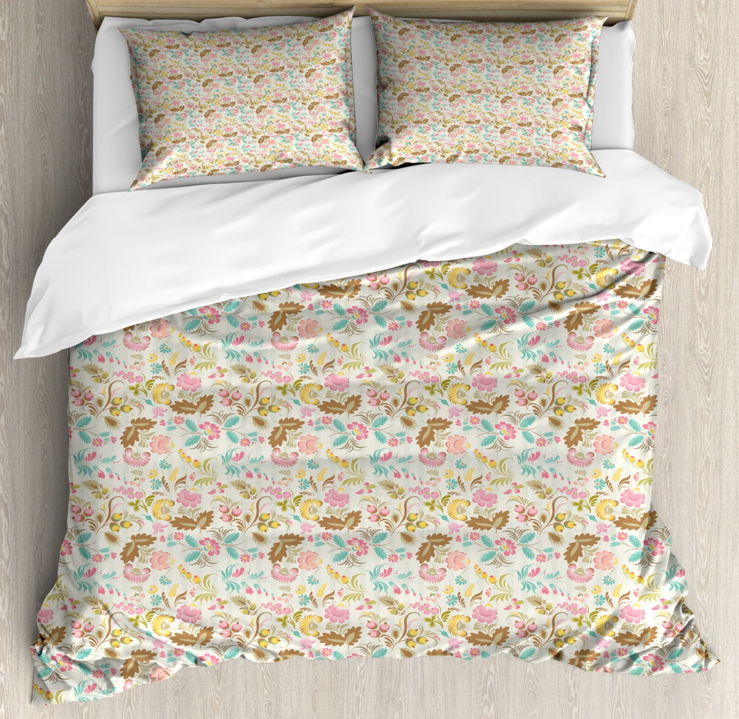 Folk Art Duvet Cover Set King Size, Nostalgic Pastel Design with ...