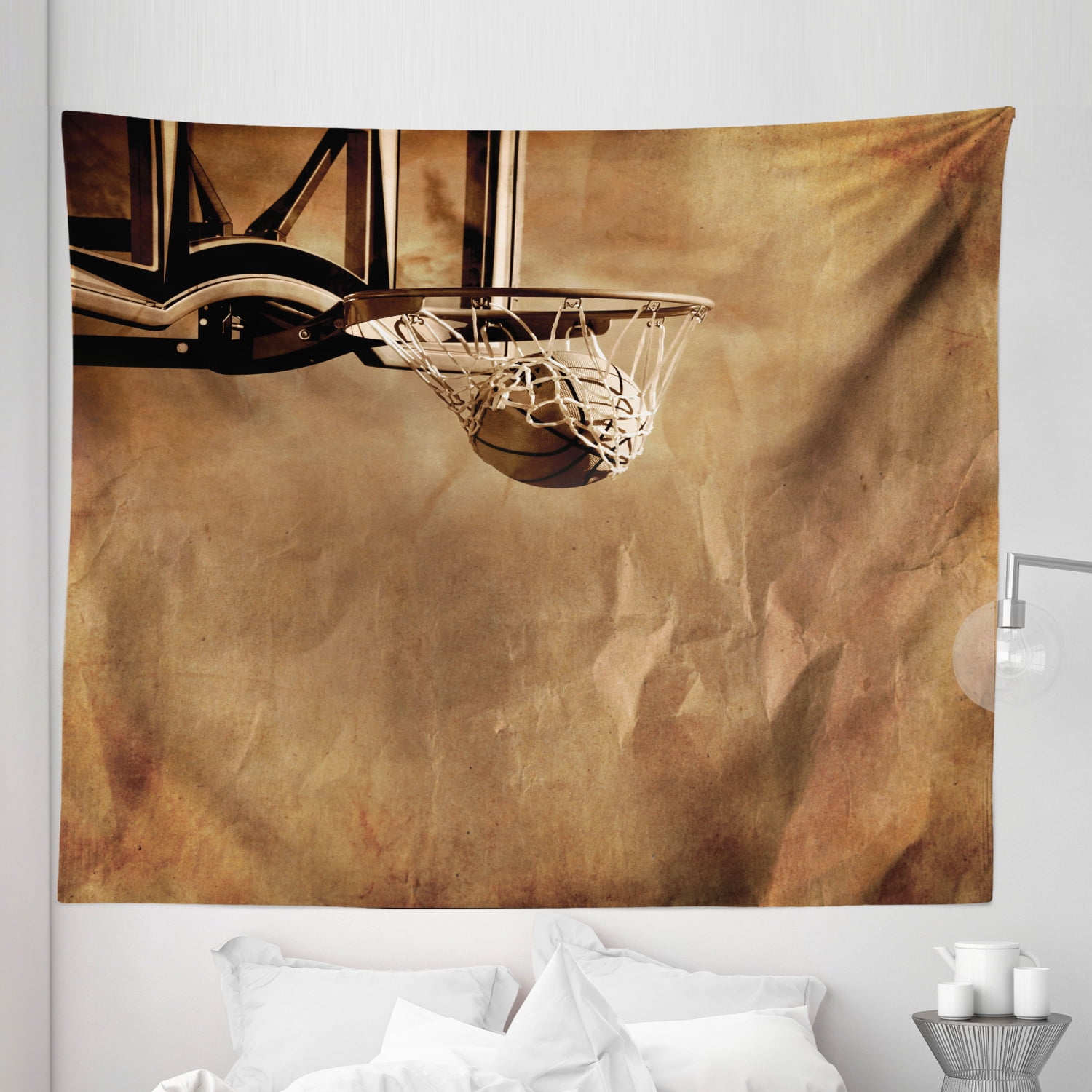 Basketball Tapestry, Ball in the Net on Crumpled Paper Style Backdrop ...