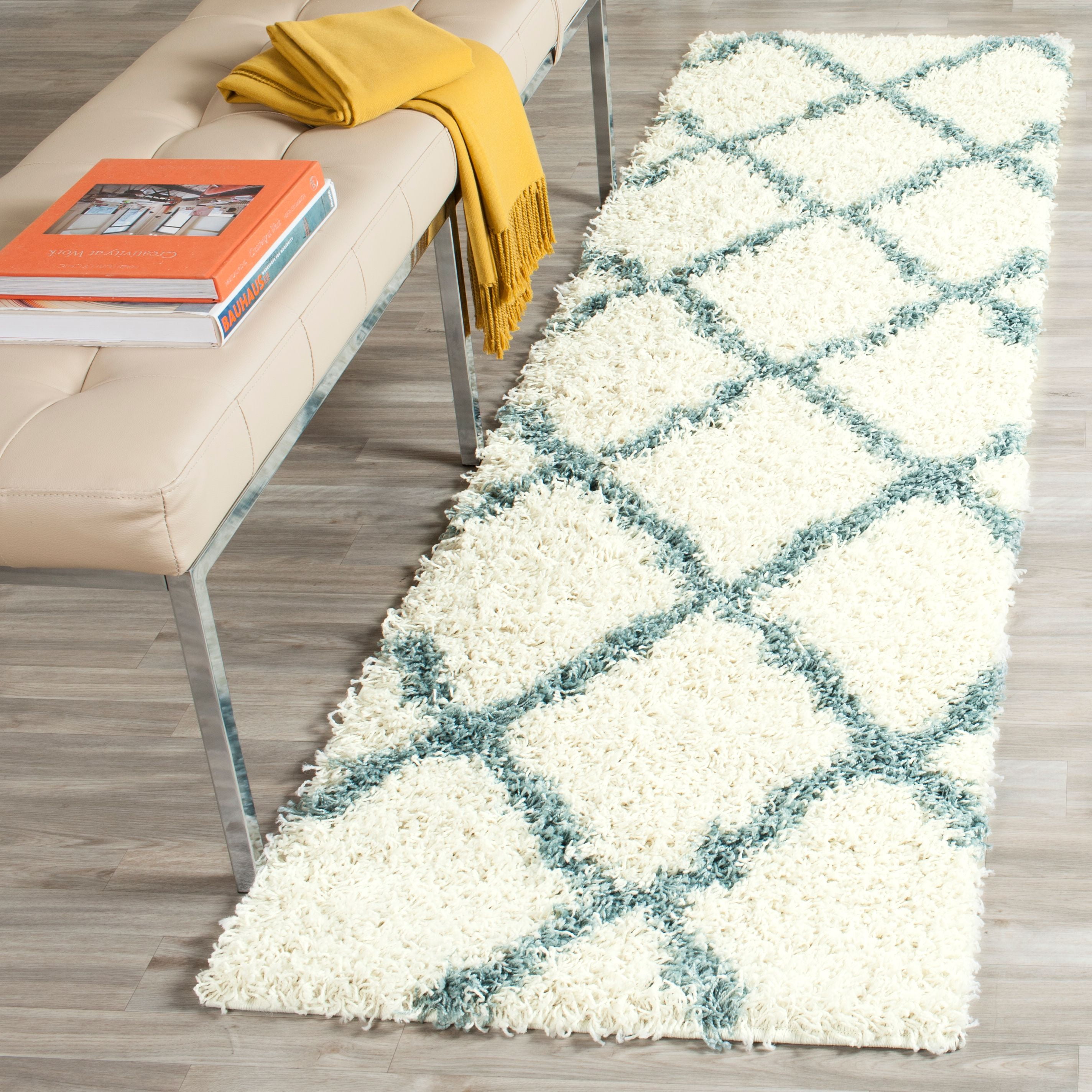 SAFAVIEH Daley Geometric Plush Shag Runner Rug, Ivory/Seafoam, 2'3" x 8 ...