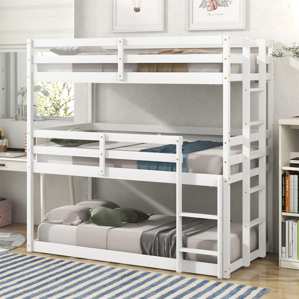 Triple Bunk Bed, Solid Wood Triple Bed Frame with Ladder and Safety ...