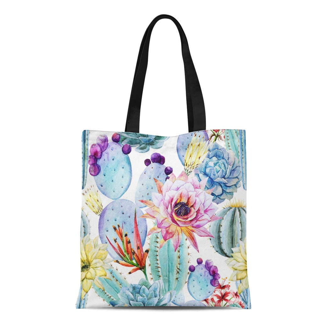 SIDONKU Canvas Tote Bag Colorful Dry Watercolor Cactus Pattern Flowers ...