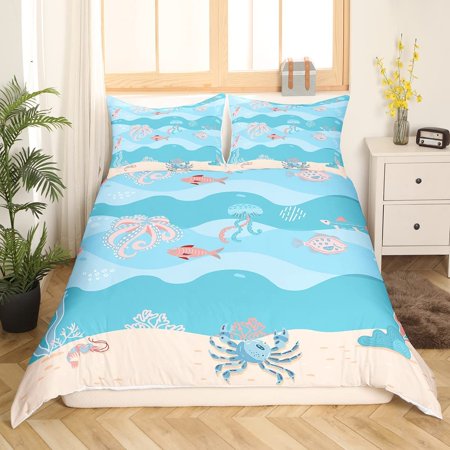 Kawaii Ocean Theme Duvet Cover Octopus Fish Crabs Pattern Bedding Set For Kids Boys Girl Marine ...