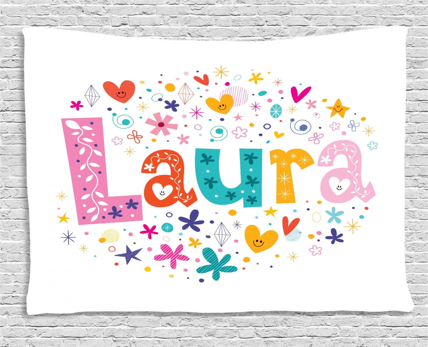 Laura Tapestry, Baby Girl Name with Vintage Doodle Style Flowers and ...