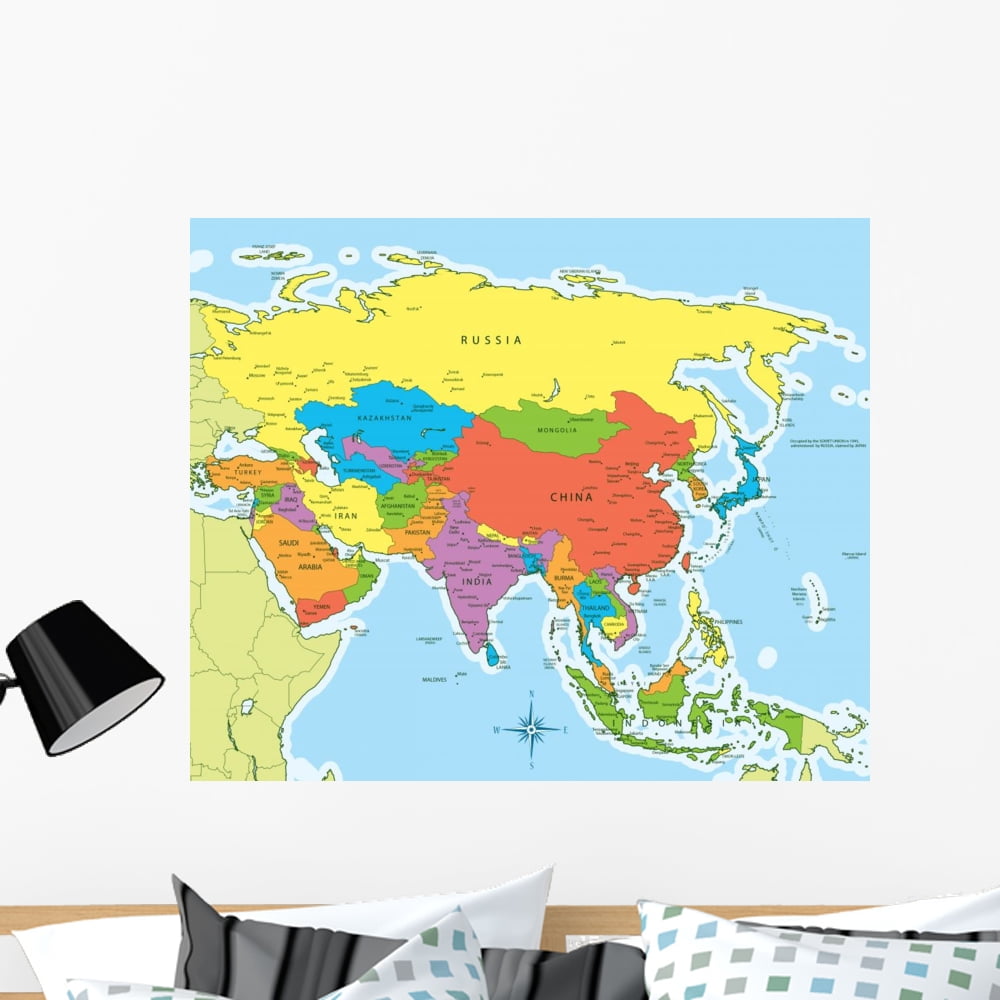Asia Map Countries and Wall Mural Decal Sticker, Wallmonkeys Peel ...