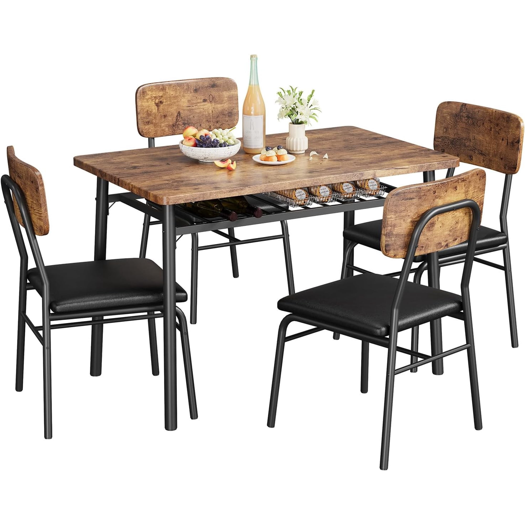 Bingirl Dining Table Set For 4 With Built-In Storage Rack - Waterproof And Scratch-Resistant Wood Kitchen Table With Upholstered Chairs And Metal Fram