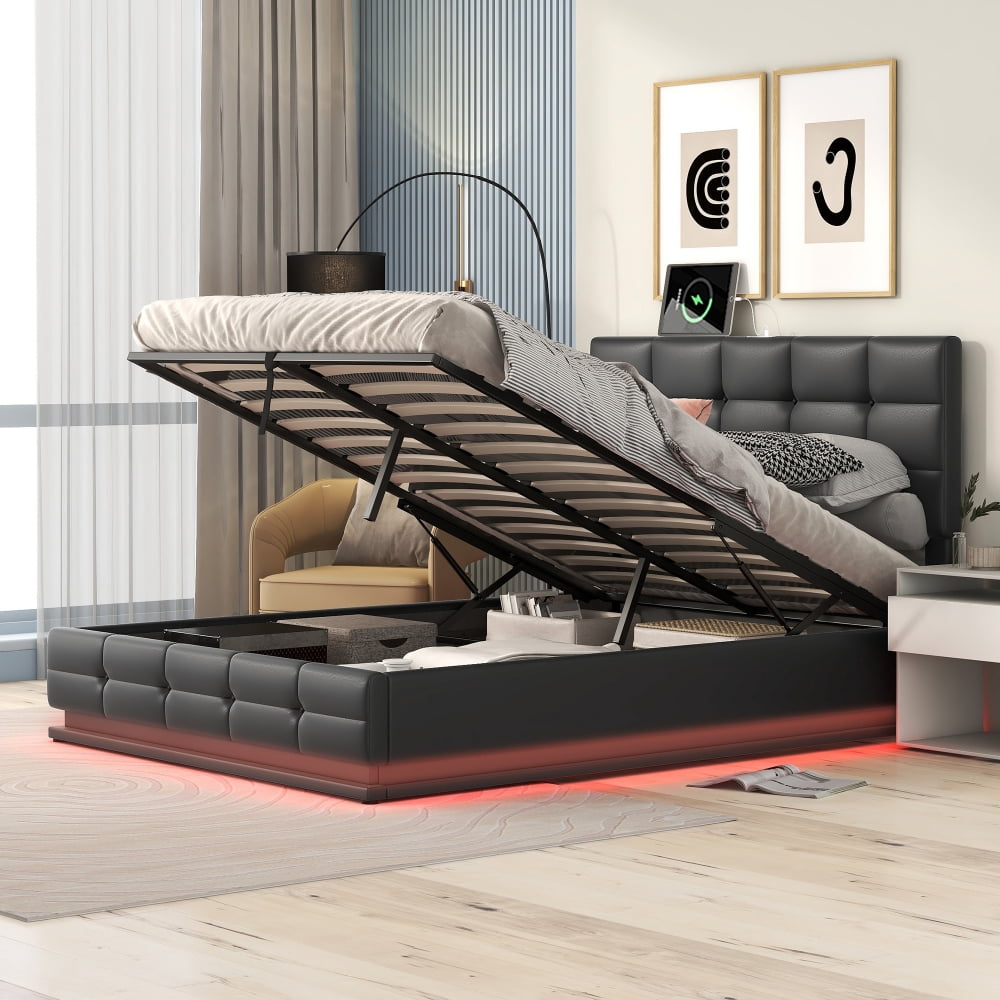 Full Size Tufted Upholstered Platform Bed, PU Storage Bed with ...