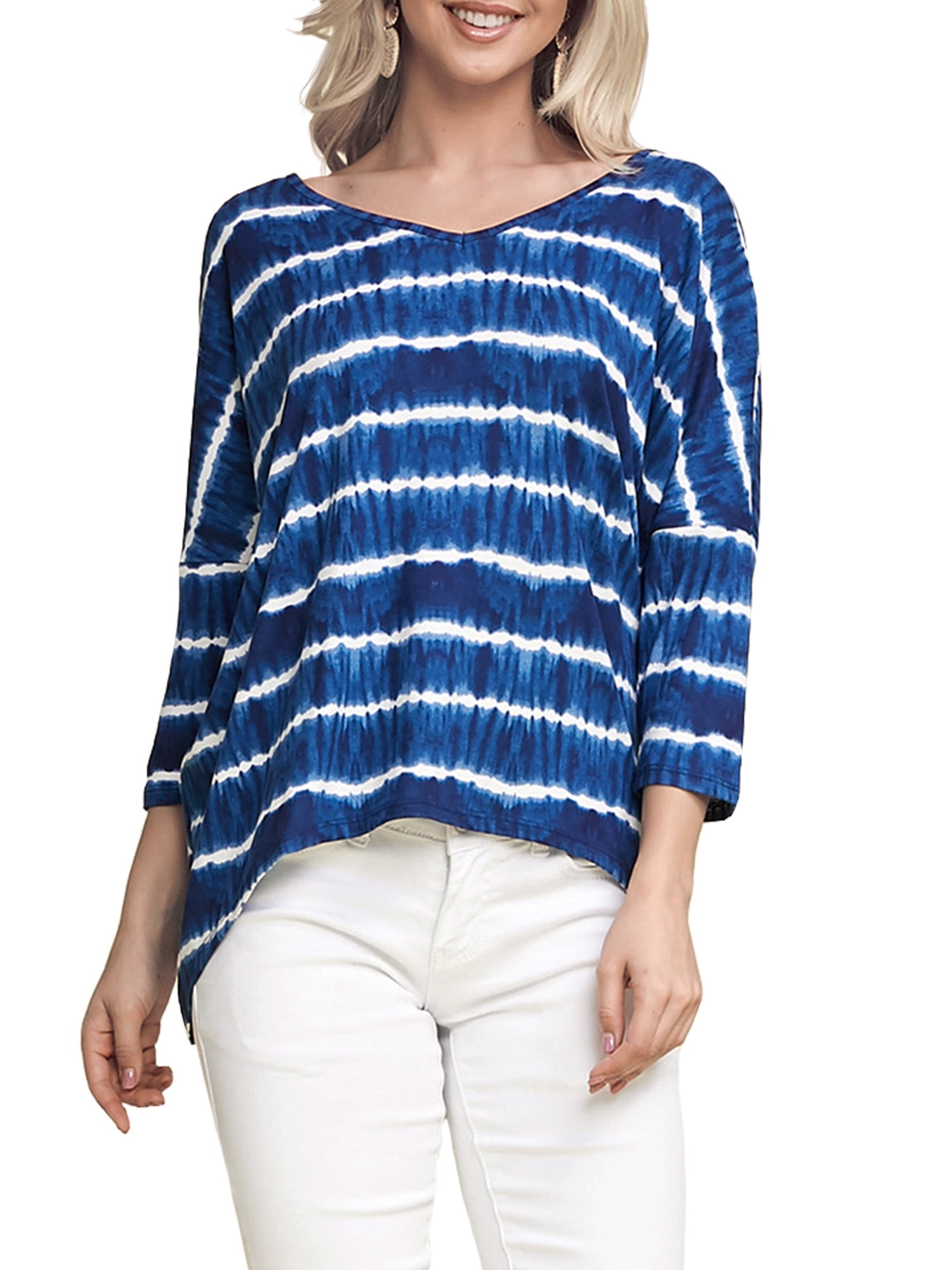 Doublju Women's 3/4 Sleeve Shark Bite Hem V-Neck Top with Plus Size ...