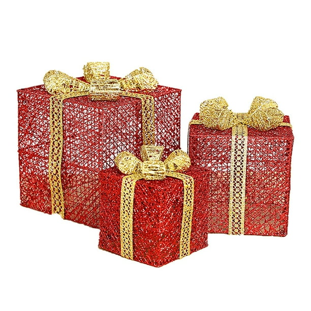 AMERTEER Set of 3 Christmas Lighted Gift Boxes Exquisite Tinsel Present ...