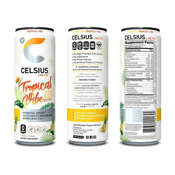 CELSIUS Sparkling Tropical Vibe, Functional Essential Energy Drink 12 ...