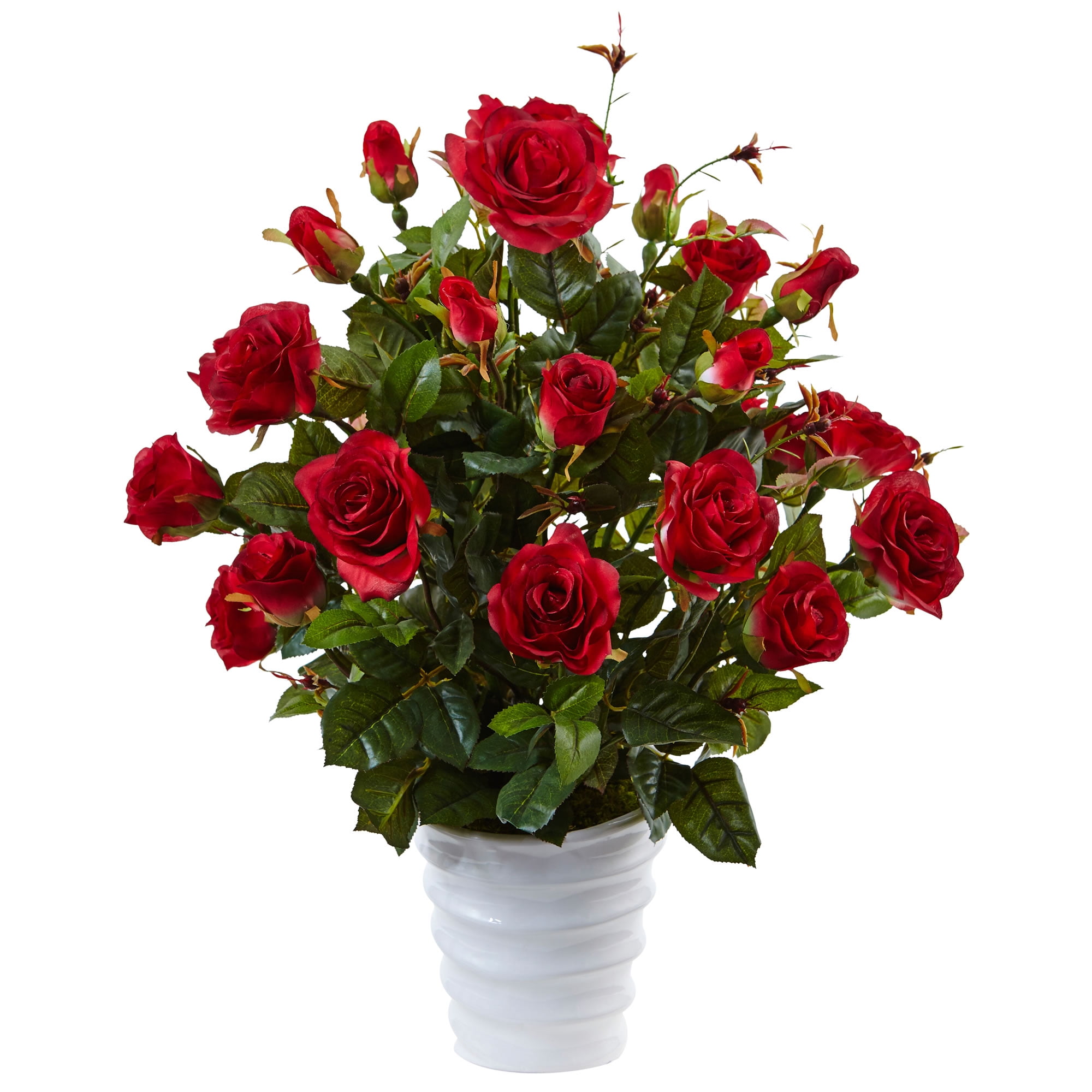 Nearly Natural Rose Bush Silk Arrangement in Swirl Planter - Walmart.com