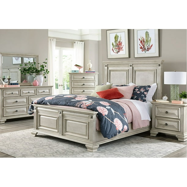Renova Distressed Parchment Wood Bedroom Set, Queen Panel Bed, Dresser ...
