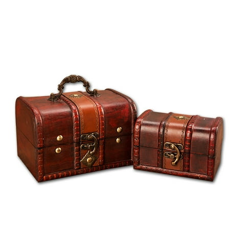 HUSERYT Set of 2 Large+Small Treasure Chest Wooden Box Pirate Chest ...