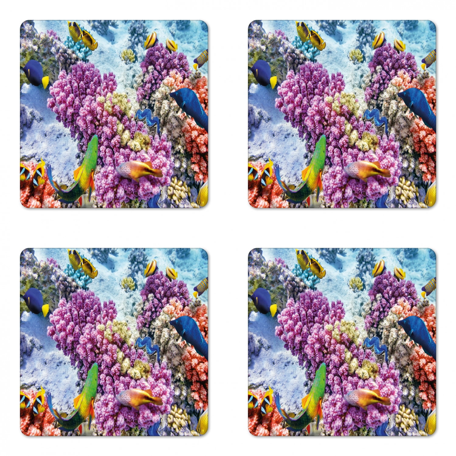 Fish Coaster Set of 4, Surreal View of Marine Life with Submerged ...