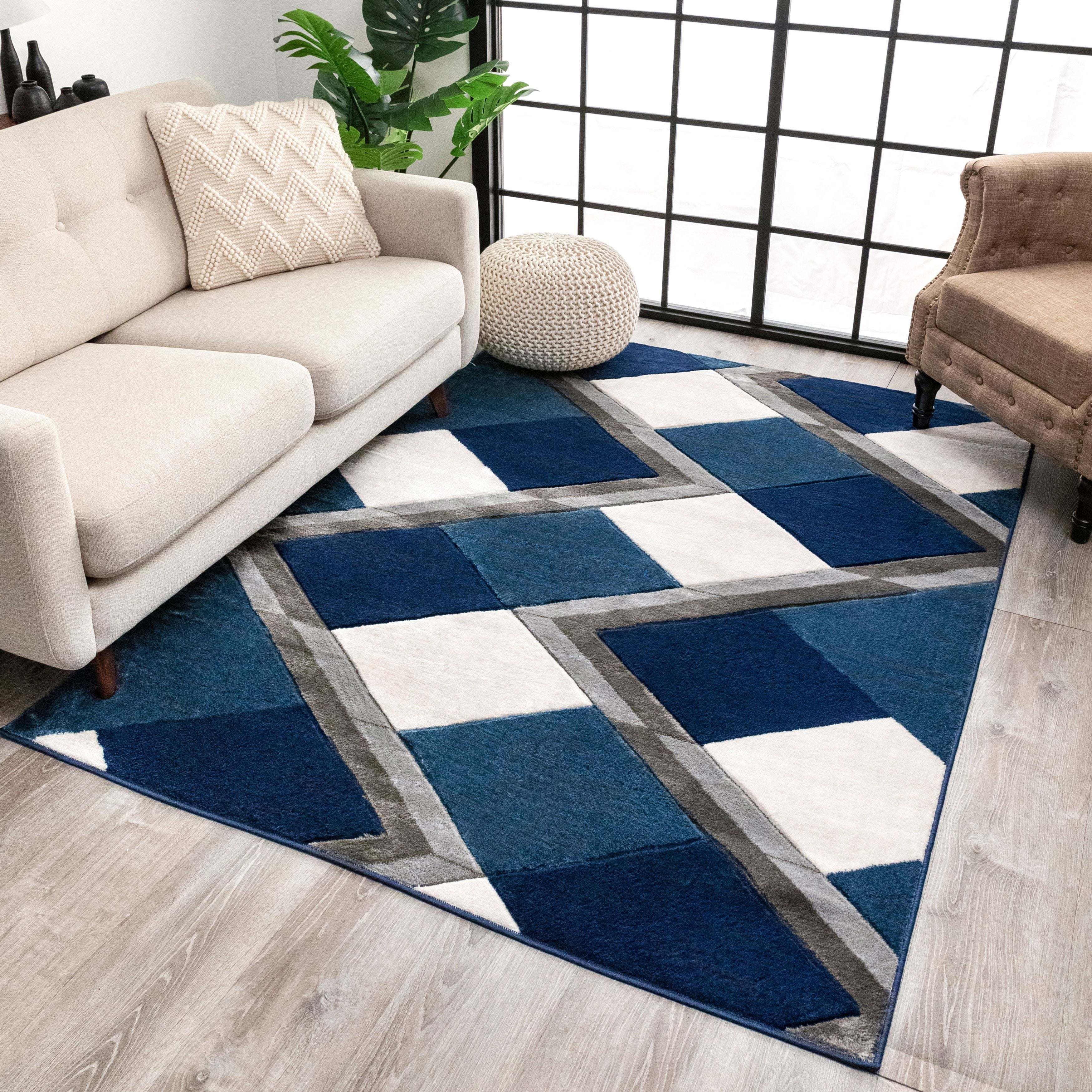 Well Woven Naya Blue Modern Geometric Diamond Boxes Pattern Area Rug ...