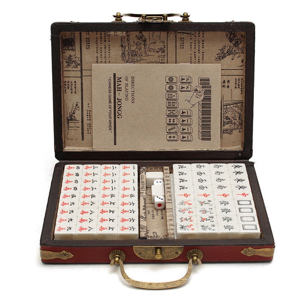Portable Retro Mahjong Box Mah-Jong Chinese Numbered Mahjong Set 144 ...