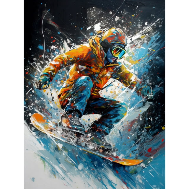 Snowboarder Landing Snowboard Jump Splatter Paint Unframed Wall Art ...