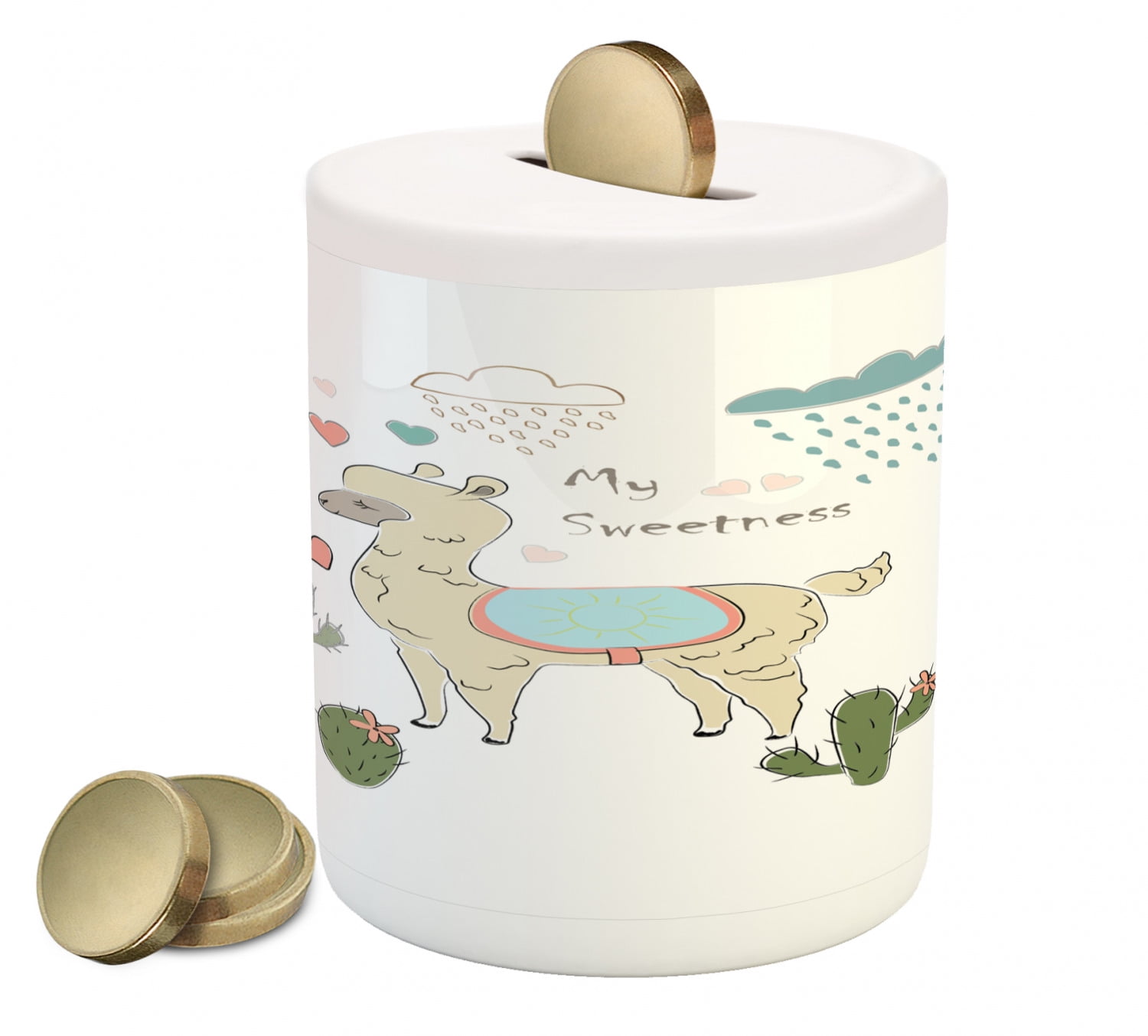 Llama Piggy Bank, Abstract Alpaca in the Rain Cactuses Brush Strokes ...