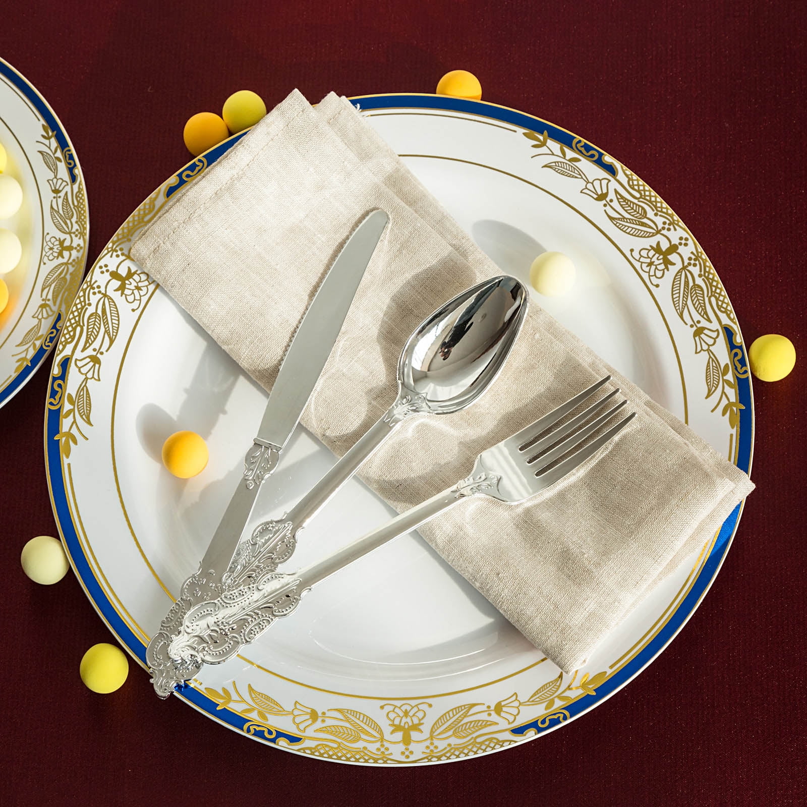 Efavormart 24 PCS Metallic Silver Baroque Disposable Plastic Cutlery ...