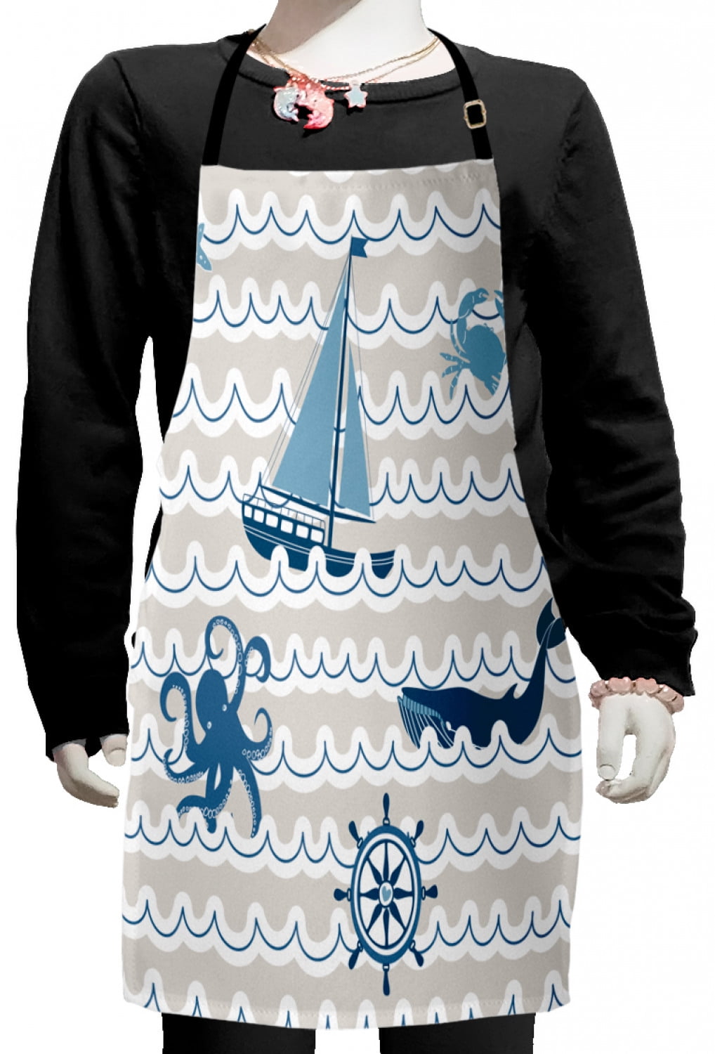 Nautical Kids Apron, Wave Pattern Marine Elements Octopus Crab Starfish ...