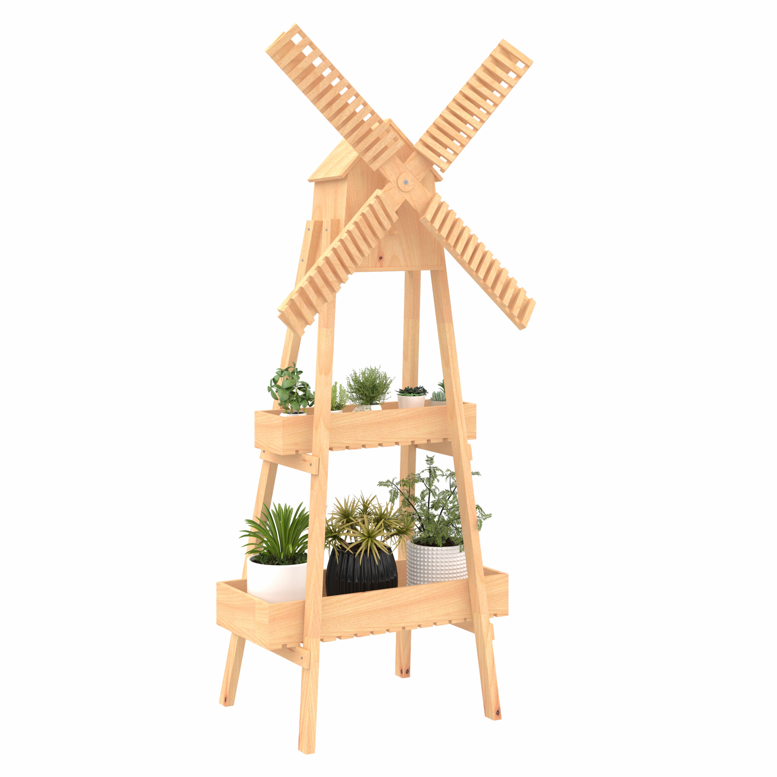 Outsunny 3' x 1' x 5' 2-Level Wooden Plant Shelf with Cute Windmill ...