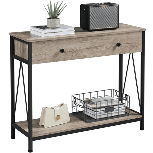 Yaheetech Classic 2-Tier Metal-Frame Console Table with Drawer, Gray ...