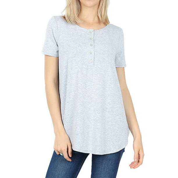 Women And Plus Short Sleeve Dolphin Hem Relaxed Fit Henley Tee Shirt Top