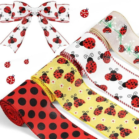 4 Roll 2.5 Inch x 24 Yard Ladybug Ribbon Polka Dot Wired Edge Ribbon ...