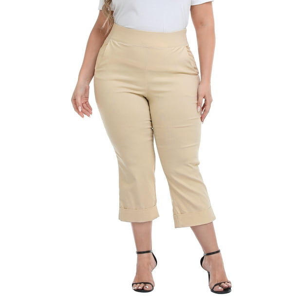 HDE Women's Plus Size Pull On Capris with Pockets Cropped Pants Khaki ...