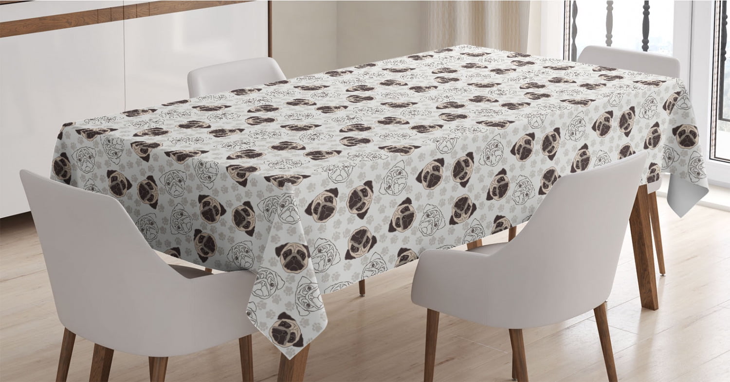 Dog Tablecloth, Pug Portraits Traces Paw Print Background Canine Pet ...