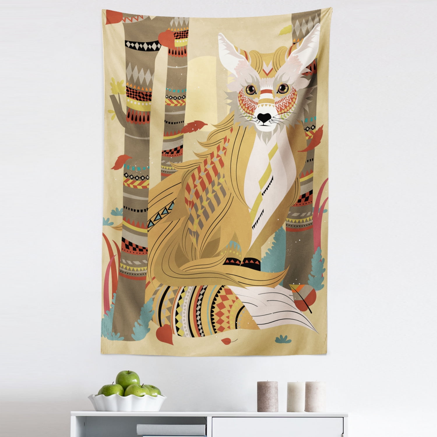Fox Tapestry, Animal Theme a Fluffy Wild Fox in the Forest and Tree ...