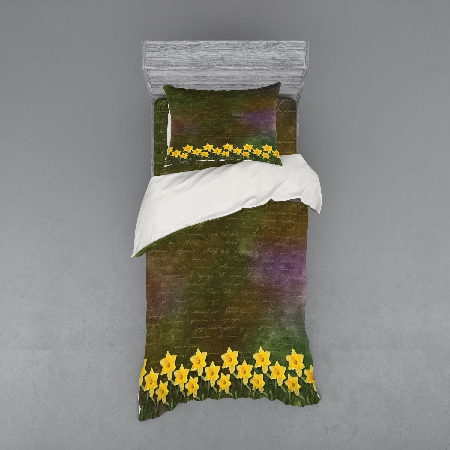 Daffodil Duvet Cover Set, Bunch of Potted Daffodils Under Calligraphy ...
