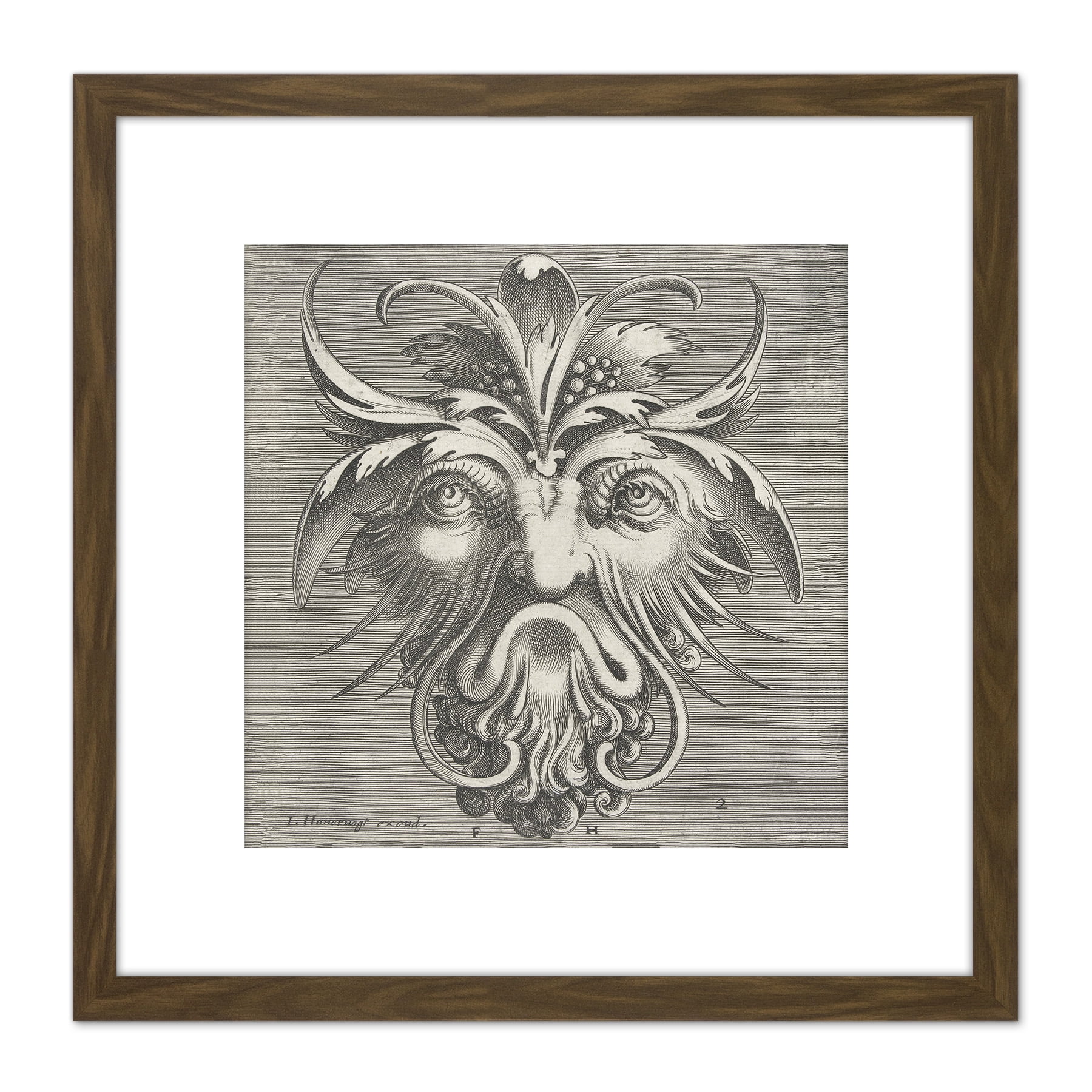 Frans Huys Mask Beard With Curls Sad Engraving 8X8 Inch Square Wooden ...