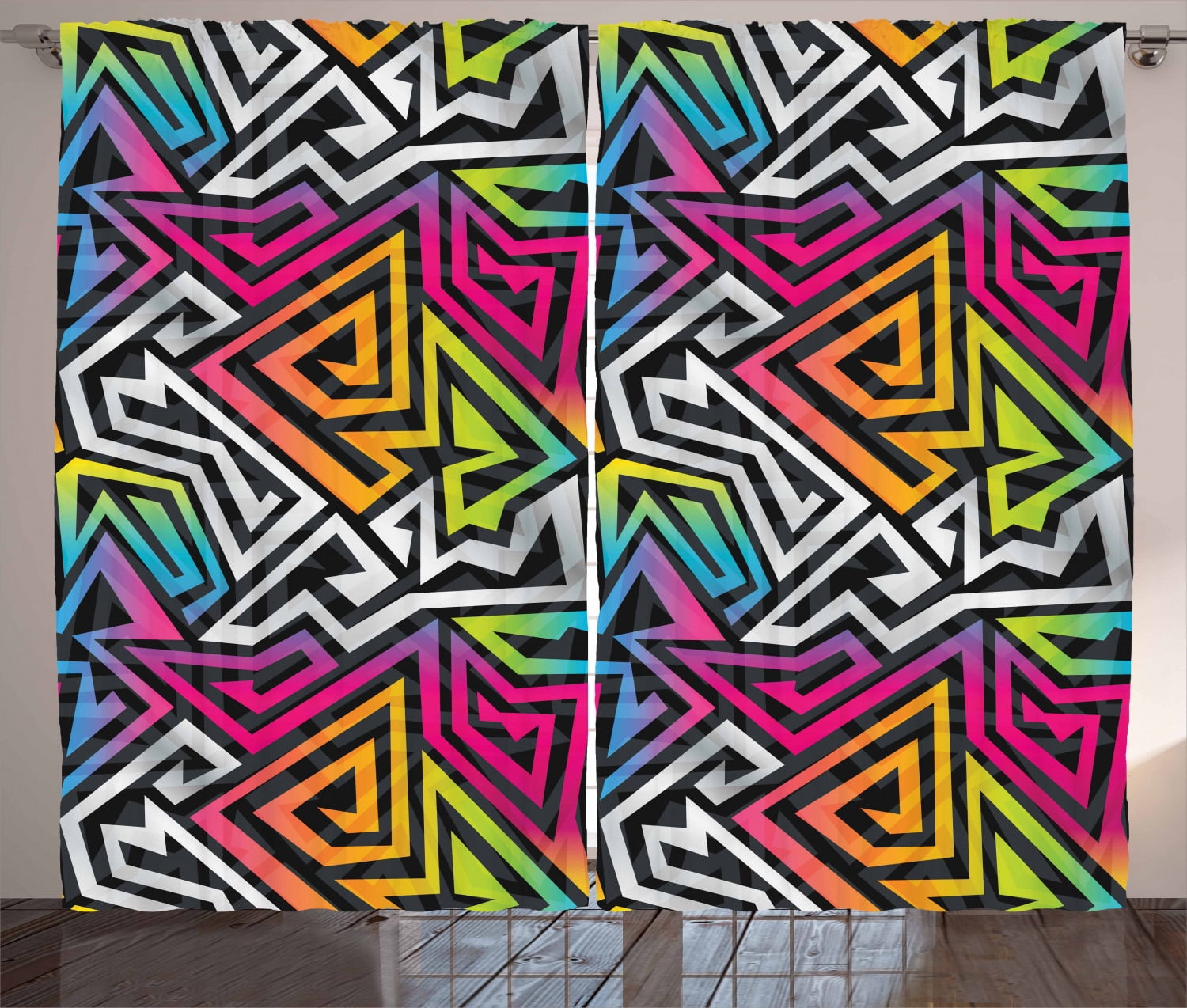 Urban Graffiti Curtains 2 Panels Set, Rainbow Colored Labyrinth Bold ...