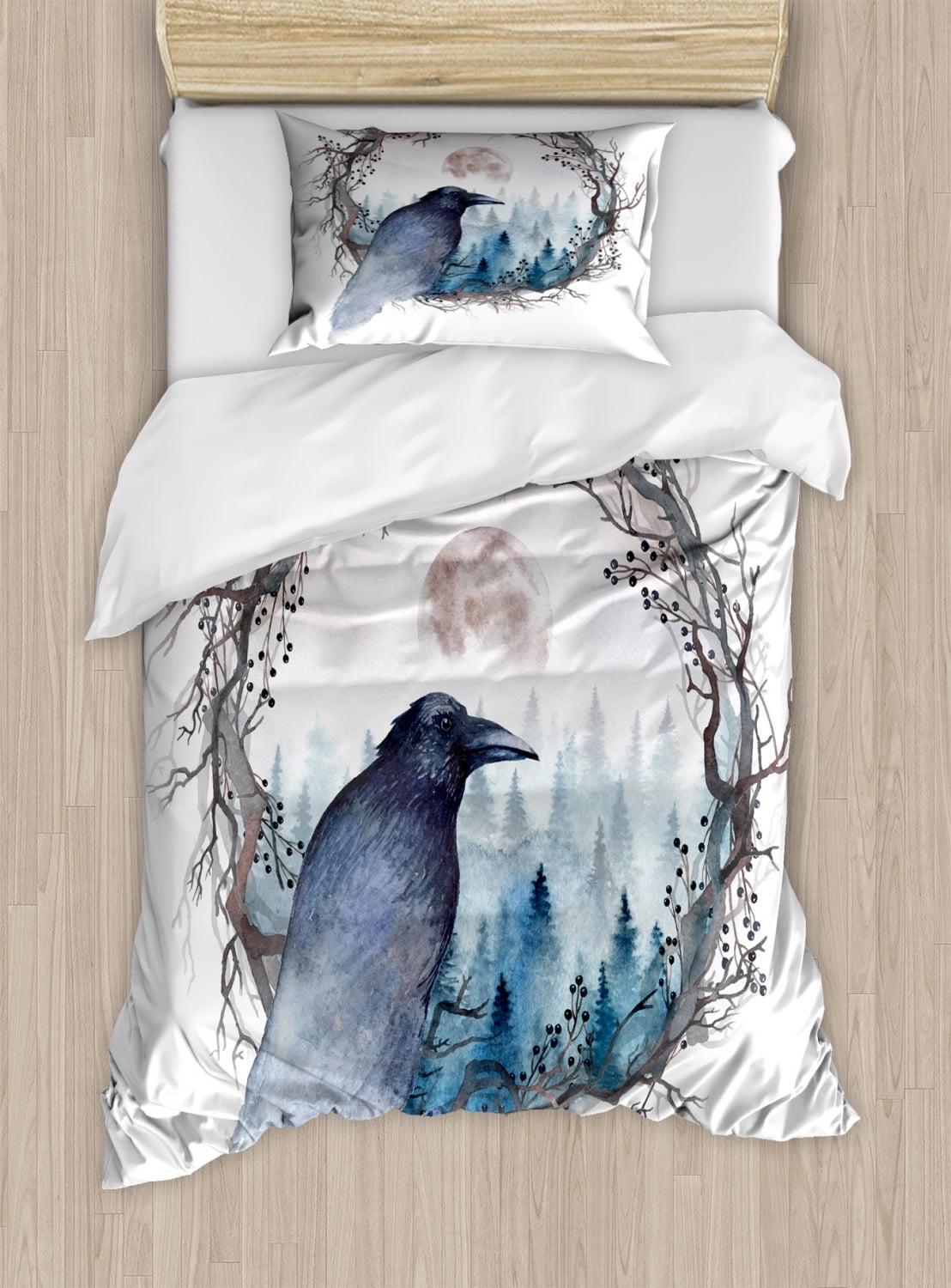 Black Crow Duvet Cover Set Twin Size, Fine Art Paint Bird with Foggy ...