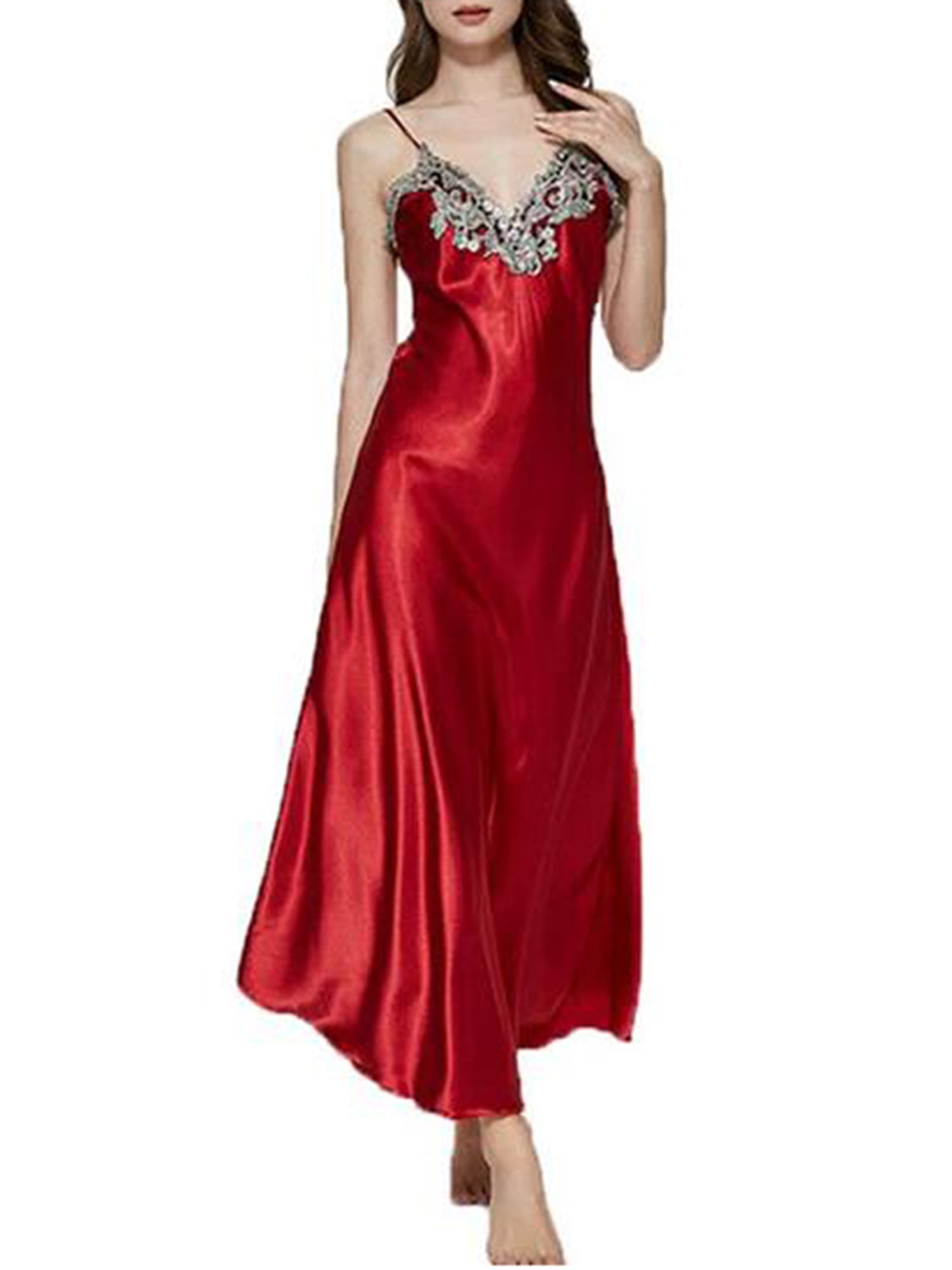 EYIIYE Women Satin Long Nightgowns Silk Lace Lingerie Sleeveless Deep V ...